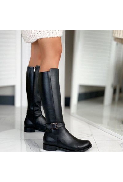 Limoya Christa Siyah Kemer Detaylı Düz Çizme