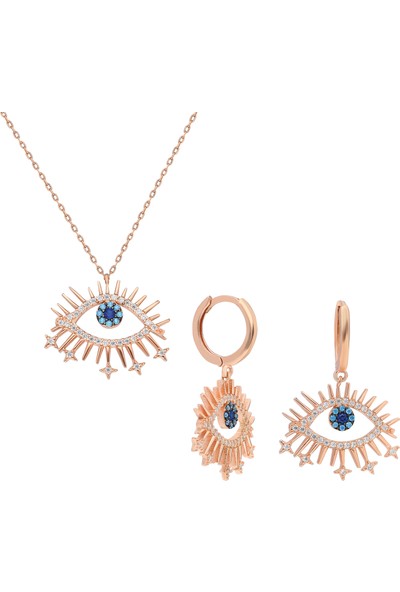 Chavin Taşlı Nazar Göz Gümüş Kadın Küpe ve Kolye Seti EE77RS