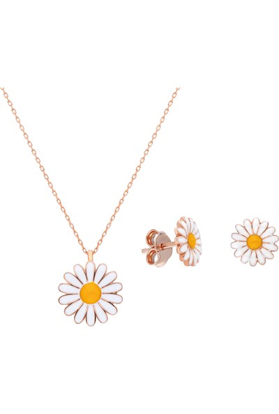 Chavin Mineli Papatya Gümüş Kadın Kolye Küpe Seti EE83RS