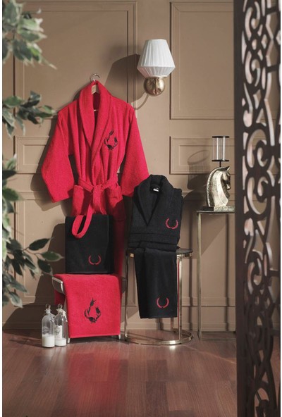 Varol Elegant Aile Bornoz Seti %100 Pamuk - Kırmızı Siyah