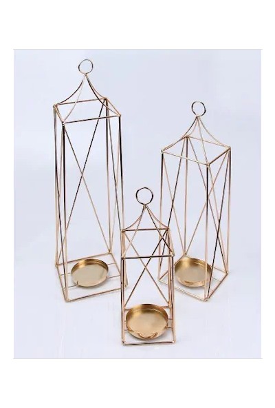 2Adam1Dekor Ferforje Dekoratif 3'lü Kafes Mumluk Gold