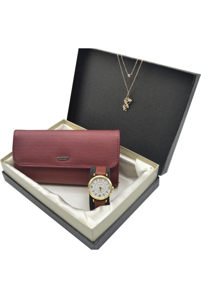 Spectrum Kadın Kol Saati Seti Bordo - Karlino Cüzdan - Kolye