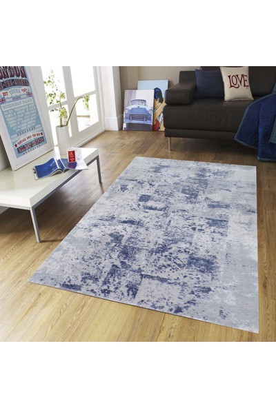 Balat Halı Kare Desenli Mavi Oturma Odası Halısı