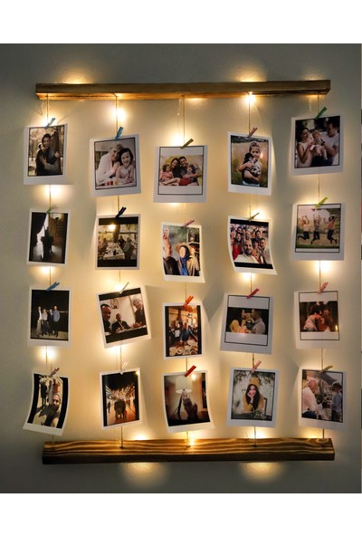 Webotto Doğal Ahşap Led Işıklı Jüt İpli Mandallı Fotoğraf Askısı