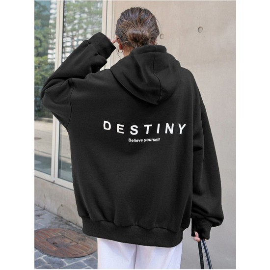 Kadın Siyah Destiny Baskı Oversize Kapüşonlu Sweatshirt Fiyatı