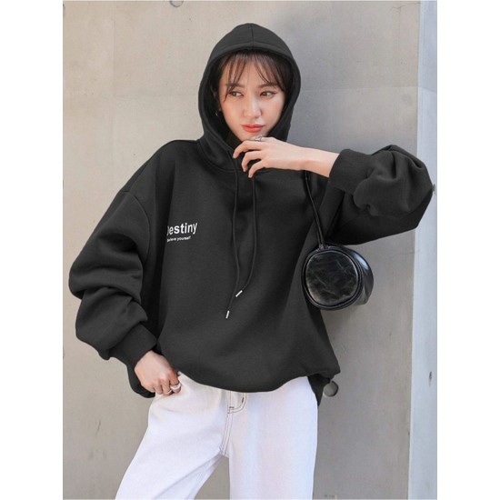 Kadın Siyah Destiny Baskı Oversize Kapüşonlu Sweatshirt Fiyatı