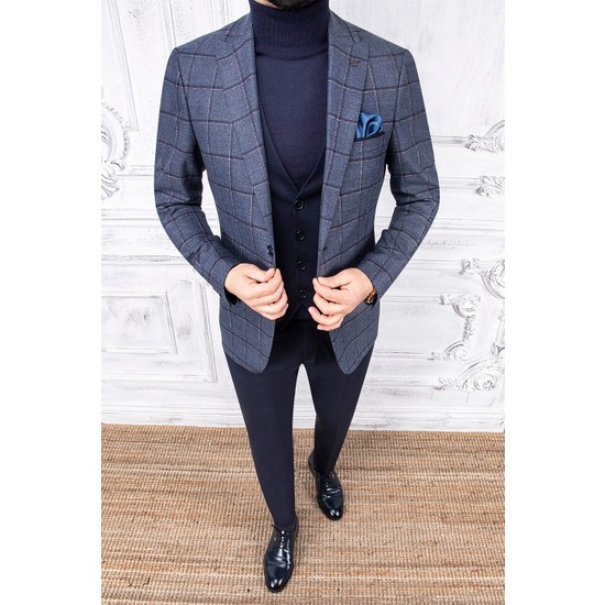 Paco Romano Erkek Slim Fit Sivri Yaka Ekose Yelekli Lacivert Fiyatı
