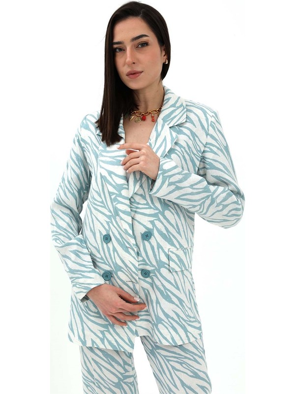 Lestr Moda Zebra Desen Oversize Keten Ceket - Mavi Fiyatı