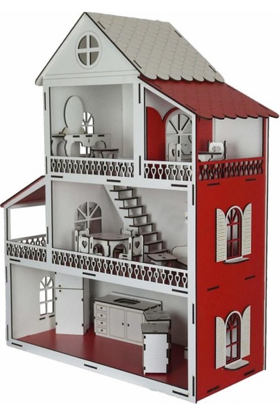 Woody Life Ahşap Oyuncak Ev Portatif Bebek Evi - Lol Bebek Barbie Uyumlu Kırmızı