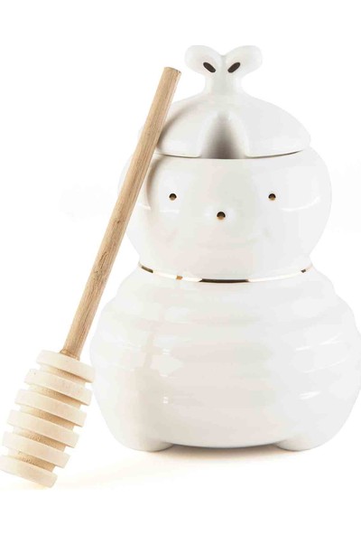 Paçi Porselen Kanatlı Kaşıklı Kapaklı Yaldızlı Bal Kavanozu