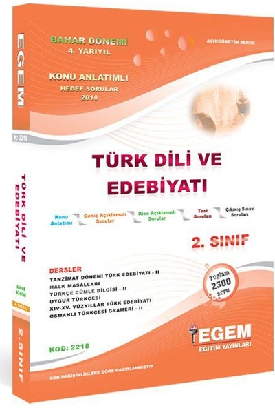 Egem Yayınları AÖF Türk Dili Ve Edebiyatı Bölümü 2. Sınıf 4 Yarıyıl Bahar Dönemi Konu Anlatımlı Soru Bankası