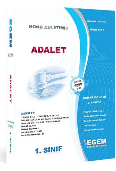 Egem Yayınları AÖF Adalet Bölümü 1.Sınıf 2. Yarıyıl Bahar Dönemi Konu Anlatımlı Soru Bankası Güncel Baskı