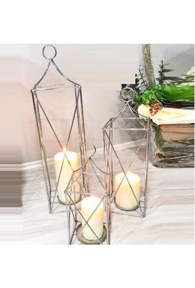 2Adam1Dekor Ferforje Dekoratif 3'lü Kafes Mumluk Gümüş