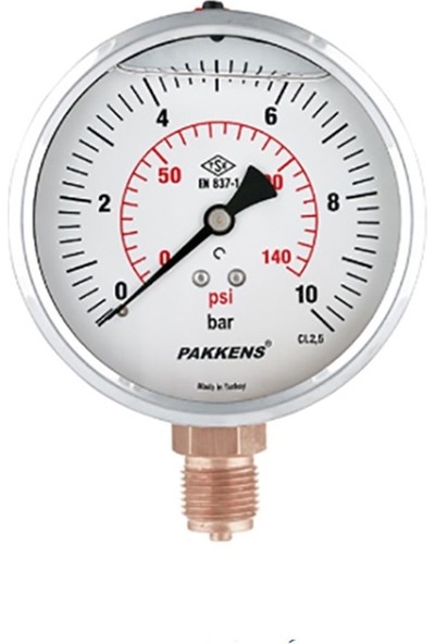 Pakkens Alt Bağlantılı Gliserinli Paslanmaz Gövdeli Manometre 100 mm 10 Bar