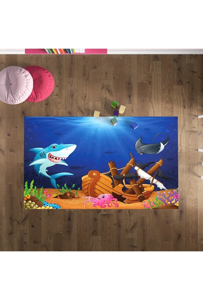 Branqusi Çocuk Odası Oyun Halısı Kaymaz Taban Okyanus ve Köpek Balığı Çocuk Halısı Branqusi Çocuk Odası Oyun Halısı Kaymaz Taban Okyanus ve Köpek Balığı Çocuk Halısı