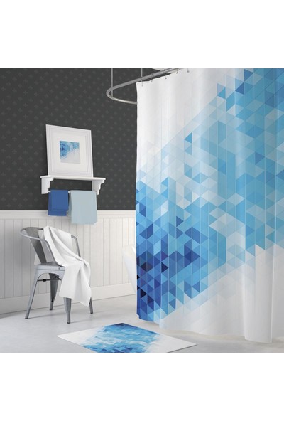 Zethome Tropik Blues Squares Banyo Duş Perdesi Tek Kanat 1 x 180 x 200 cm