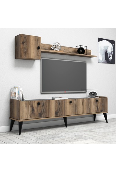 Bimossa E4010 Sümer Modern Tv Ünitesi Duvar Raflı 180cm. Ceviz/Mermer