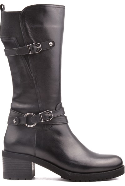 Derinet Siyah Deri Fermuarlı Kadın Çizme