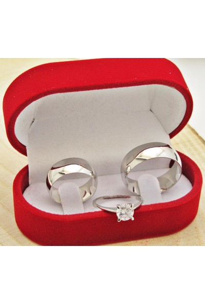Takı Dükkanı 8 mm Bombeli Gümüş Alyans Çifti Söz Nişan Yüzüğü + Tektaş wr21