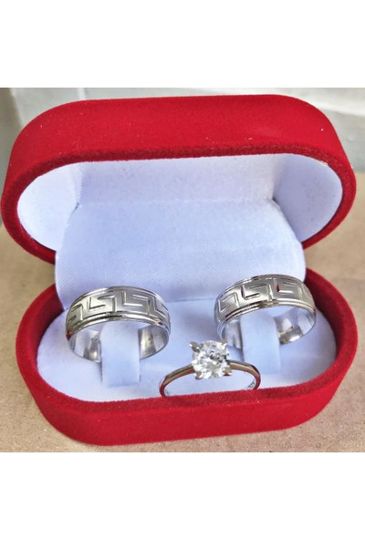 Takı Dükkanı Mat Motifli Gümüş Alyans Çifti Tektaş Yüzük Hediyeli wr46