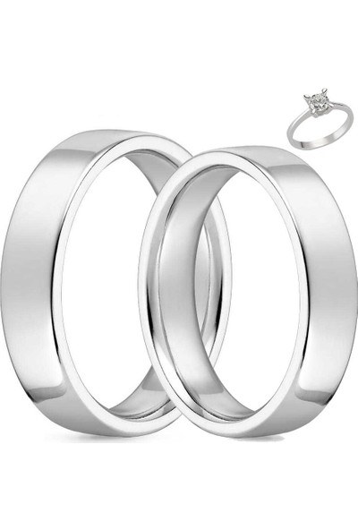 Takı Dükkanı 5 mm Düz Gümüş Alyans Çifti Söz Yüzükleri Tektaş Hediye wr62d