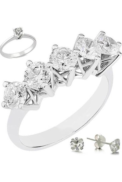 Takı Dükkanı Gümüş Beştaş Tektaş Yüzük ve Tektaş Küpe Seti wsr68