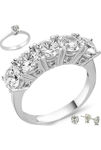 Takı Dükkanı Kalpli Gümüş Beştaş Tektaş Yüzük ve Tektaş Küpe Üçlü Set wsr74