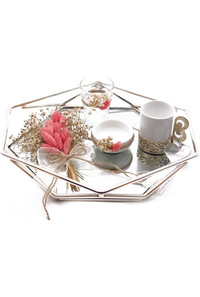 Lora Kuru Çiçekli Gümüş Prizma Damat Tepsi Seti Lora Kuru Çiçekli Gümüş Prizma Damat Tepsi Seti