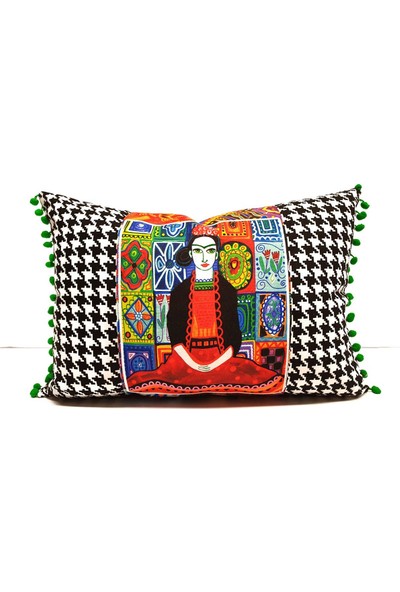 Dekorinyo Frida Kahlo Temalı Kaz Ayağı Desenli Dikdörtgen Kırlent Kılıfı