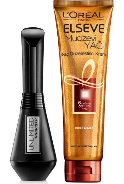 L'Oréal Paris Unlimited Siyah Maskara & L'Oréal Paris Elseve Mucizevi Yağ Saç Güzelleştirici Krem 150 ml