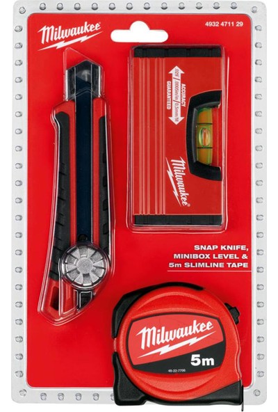 Milwaukee T4932471129 Ağır Hizmet Tipi 3’lü Set Maket Bıçağı, Metre ve Su Terazisi