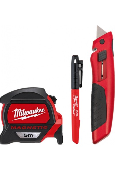 Milwaukee T4932459375 Ağır Hizmet Tipi 3’lü Set Maket Bıçağı Metre ve İşaretleme Kalemi