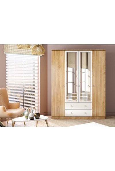 Zenio Rose Safir Meşe 4 Kapak 2 Çekmece Aynalı Gardırop Zn1
