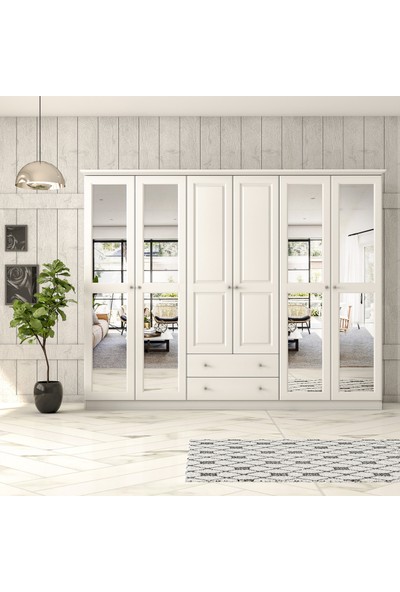 Zenio Myra Beyaz 6 Kapak 2 Çekmeceli Gardırop