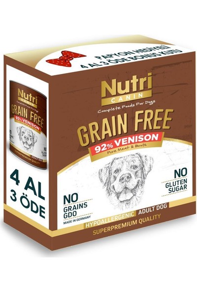 Nutri Canin %92 Geyik Etli Tahılsız Köpek Konservesi 4 x 400 gr Nutri Canin %92 Geyik Etli Tahılsız Köpek Konservesi 4 x 400 gr
