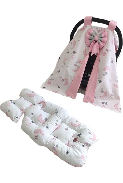 Bebekatölyesi Pembe Ay Desenli Puset Örtüsü ve İç Minderi Bebekatölyesi Pembe Ay Desenli Puset Örtüsü ve İç Minderi