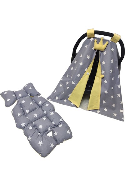 Bebekatölyesi Gri Yıldız Desenli Kral Tacı Detay Puset Örtüsü ve İç Minderi