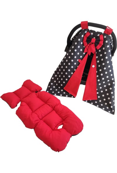 Bebek Atölyesi Siyah Yıldız Desenli Kırmızı Detay Puset Örtüsü ve İç Minderi