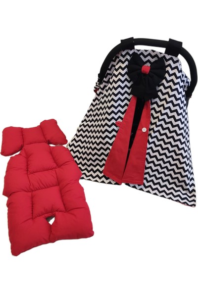 Bebek Atölyesi Zigzag Desenli Kırmızı Kombin Puset Örtüsü ve İç Minderi