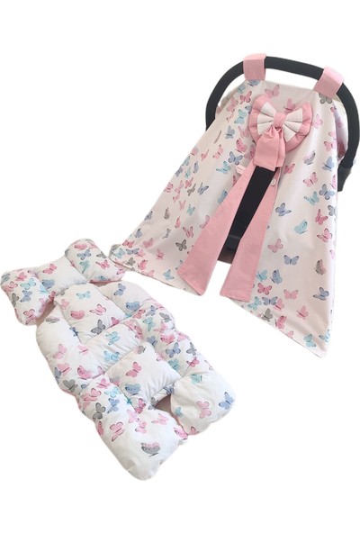 Bebek Atölyesi Pembe Turkuaz Kelebek Desenli Puset Örtüsü ve İç Minderi