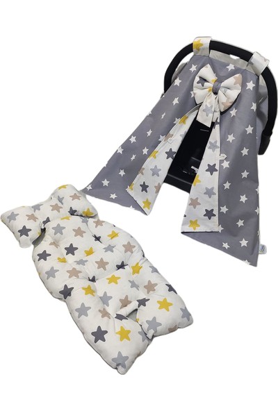 Bebek Atölyesi Gri Yıldız Desenli Sarı Karışık Yıldızlı Puset Örtüsü ve İç Minderi