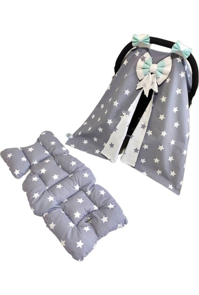 Bebek Atölyesi Gri Yıldız Desenli Yeşil Puset Örtüsü ve İç Minderi