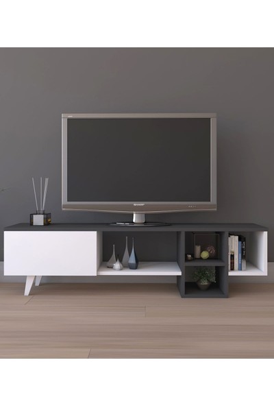 PlatinReyon Platin Dekoratif Raflı Tv Ünitesi Televizyon Sehpası Antrasit