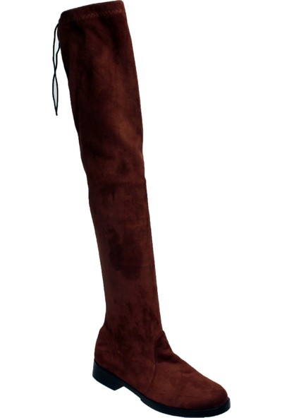 Yaz Kış Ayakkabı Kadın Diz Üstü Streç Taba Düz Çizme 39