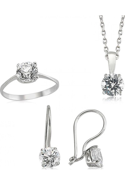 Takı Dükkanı Tek Taş Gümüş Kolye Küpe ve Yüzük Seti ags02 14