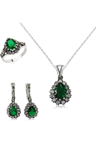 Takı Dükkanı Gümüş Üçlü Set Yeşil Taşlı Kolye Küpe ve Yüzük Takım TST55 19