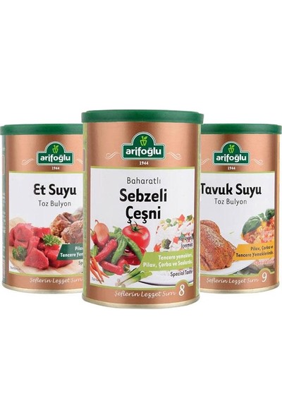 Arifoğlu Sebzeli Çeşni 250 gr + Et Suyu Toz Bulyon 250 gr + Tavuk Suyu Toz Bulyon 250 gr Arifoğlu Sebzeli Çeşni 250 gr + Et Suyu Toz Bulyon 250 gr + Tavuk Suyu Toz Bulyon 250 gr