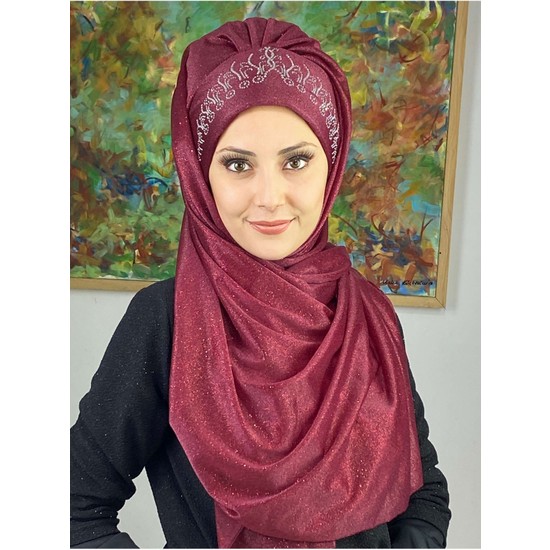 Butik Ambar Prenses Model Bordo Simli Şifon Büzgülü Şal Fiyatı