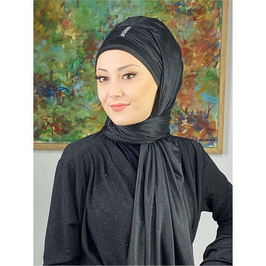 Butik Ambar Pullu Model Siyah Simli Şifon Büzgülü Şal Fiyatı