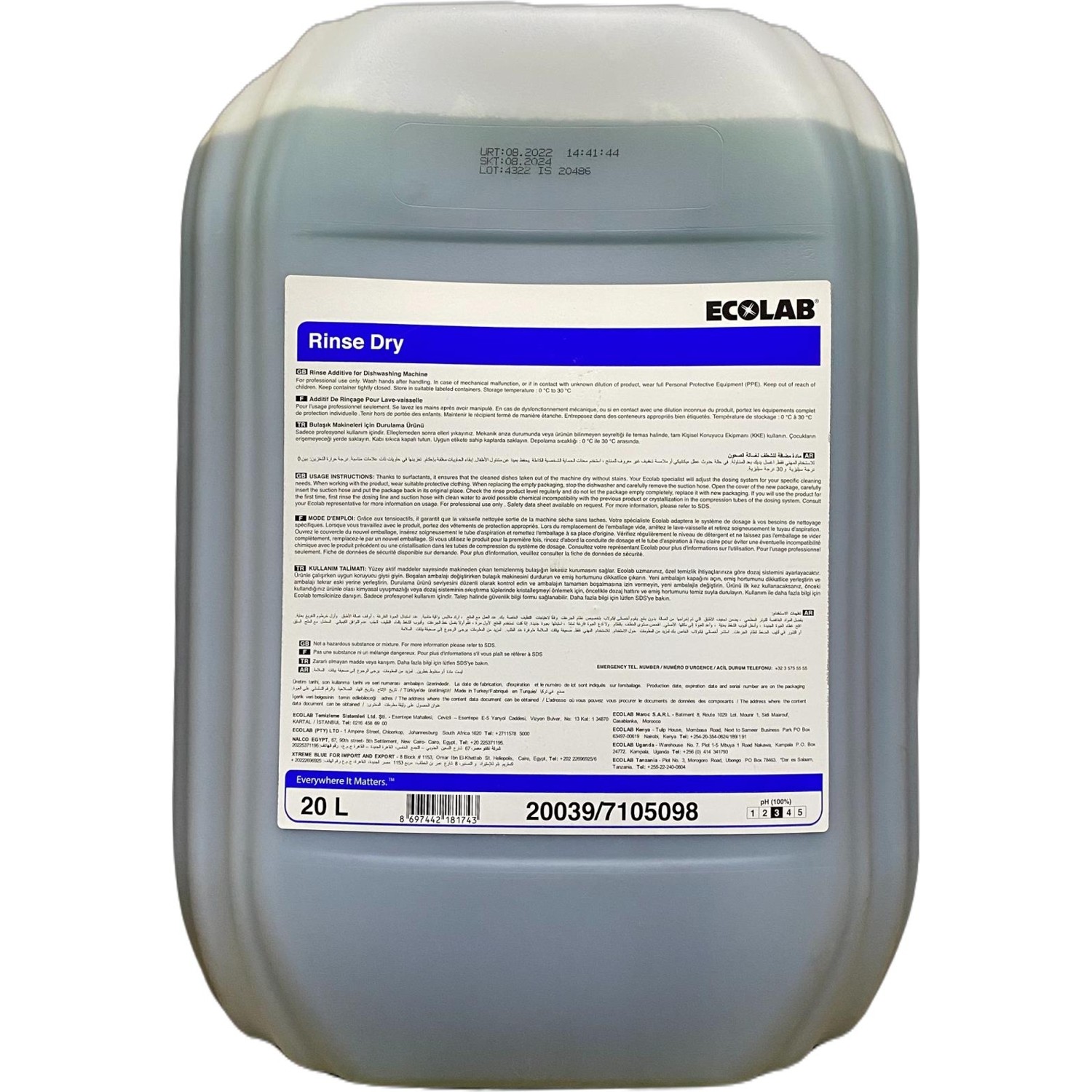 Ecolab Rinse Dry 20L Endüstriyel Bulaşık Makinaları Için Fiyatı